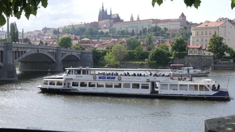 Water bus boat floating the Vltava river... | Stock Video | Pond5