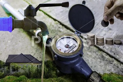 Photograph: Water meter on concrete with home and green nature ...