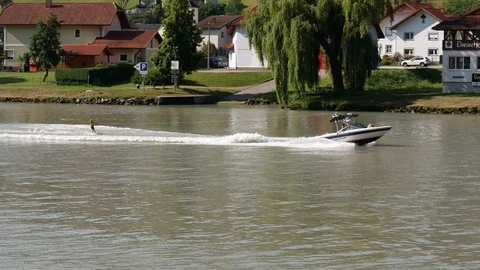 Water skiing in Danube river | Stock Video | Pond5
