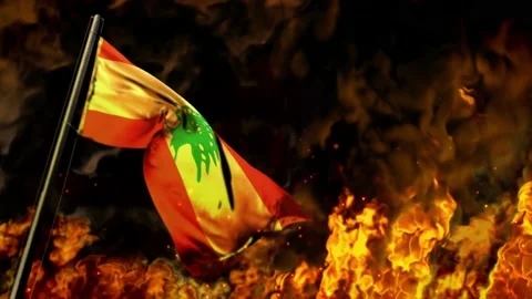 waving Lebanon flag on burning fire back... | Stock Video | Pond5