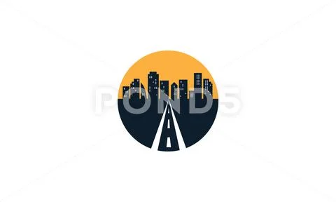 Way street road to city logo icon sticker design: Royalty Free #142298758