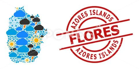 Weather Collage Map of Azores - Flores Island and Rubber Badge ...