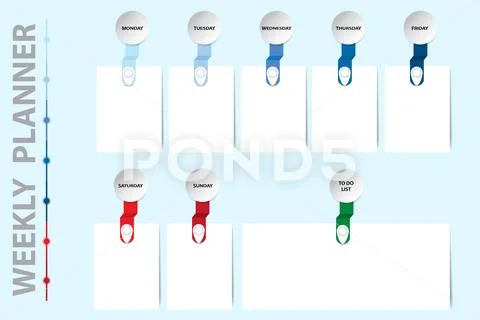 Weekly schedule with a set of eight infographic rectangular labels ...