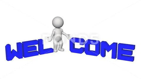 Welcome - 3D text in blue and 3D people - isolated on white background ...