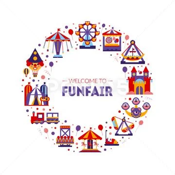 Welcome to Funfair Frame of Circular Shape, Amusement Park Elements Vector Illustration #117971924