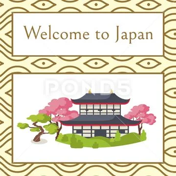 Welcome to Japan Poster with Traditional House: Royalty Free #85743950