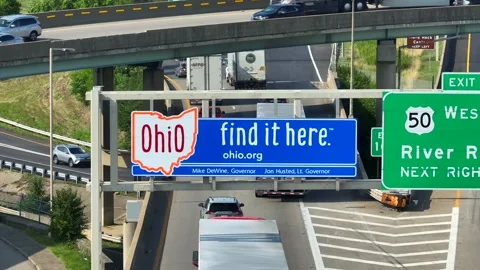 Welcome to Ohio road sign. Aerial shot o... | Stock Video | Pond5