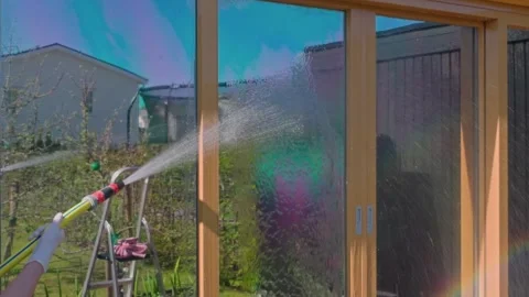 Wetting facade windows with water using ... | Stock Video | Pond5