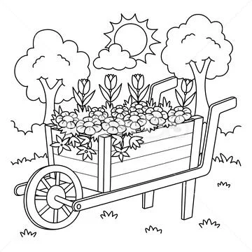 Wheelbarrow with Flowers Coloring Page for Kids: Graphic #231067581