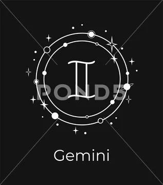 White Gemini sign with planets and stars on a black background ...