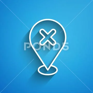 White line Map pin with cross mark icon isolated on blue background ...