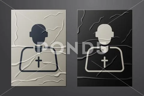 White Priest icon isolated on crumpled paper background. Paper art ...