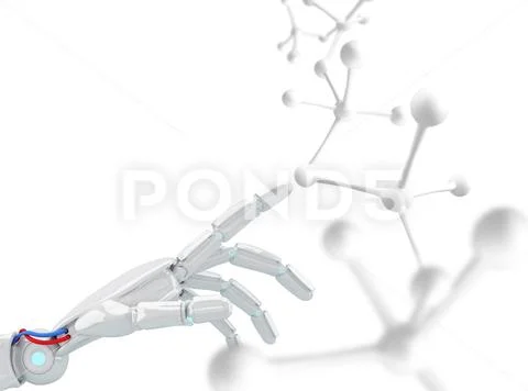 White robot hand touching molecule formula Illustration #84019804