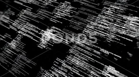 White scrolling lines of programming language on black background ...