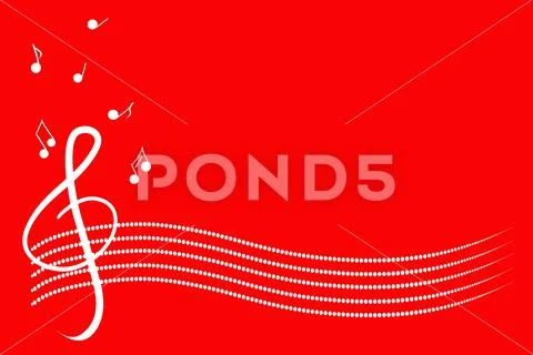 White treble clef, falling notes and stave on red background copy space ...