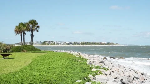 Wide static shot of a waterfront backyar... | Stock Video | Pond5