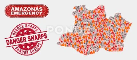 Wildfire and Emergency Collage of Amazonas State Map and Grunge Danger ...