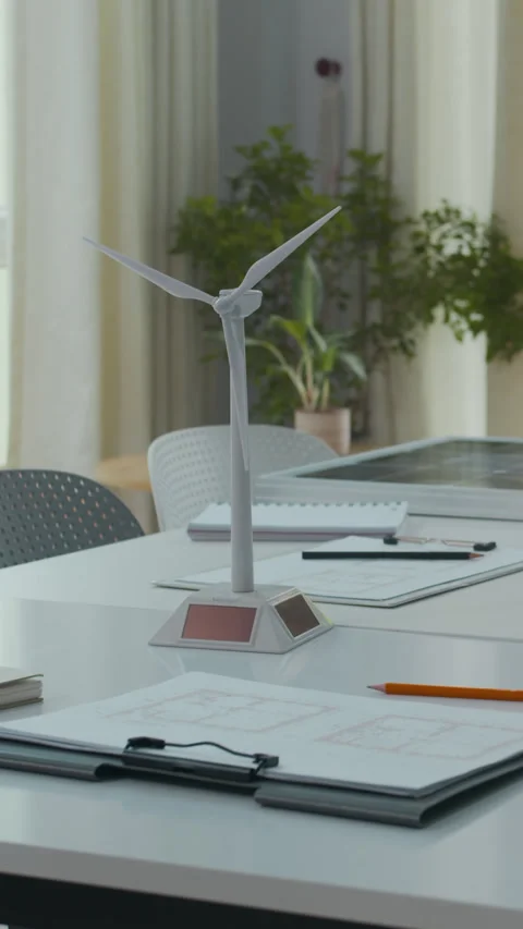 Wind Turbine Model, Solar Panel and Blue... | Stock Video | Pond5