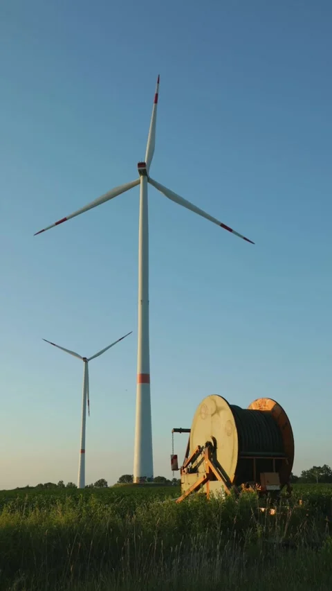 Wind turbines field irrigation hose reel... | Stock Video | Pond5
