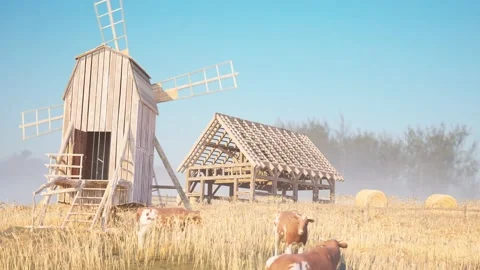 Windmill, Blades rotate, Farm, Cows 3D A... | Stock Video | Pond5