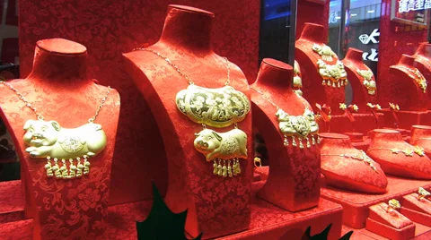 Window display of Gold shop in downtown ... | Stock Video | Pond5