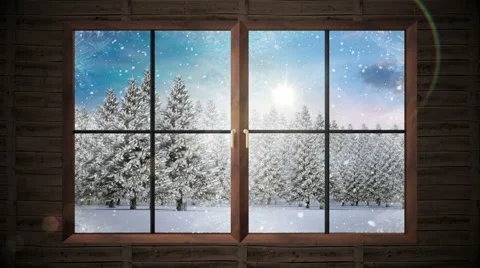 Window showing snow falling on fir tree ... | Stock Video | Pond5