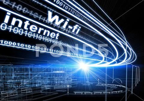 Wire-frame building, light beams, digits and words wi-fi, internet, on ...