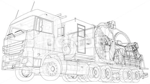 Wire-frame line coiled tubing truck isolated on white. Vector rendering ...