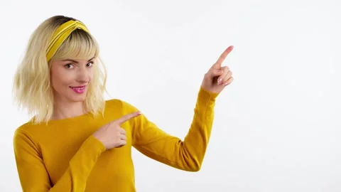 Woman and pointing at mockup workspace f... | Stock Video | Pond5