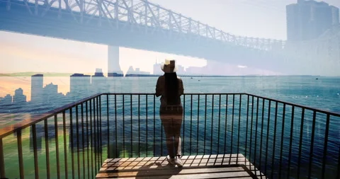 Woman on Bridge Road Looking at Surreal ... | Stock Video | Pond5