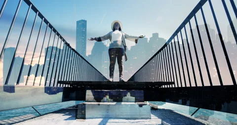 Woman on Bridge Road Looking at Surreal ... | Stock Video | Pond5