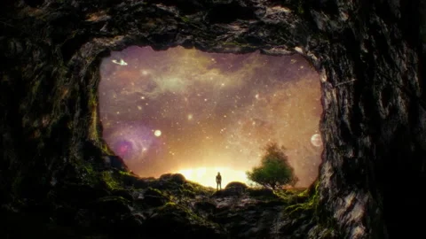 Woman Cave Open Space Planets Zoom In Su... | Stock Video | Pond5