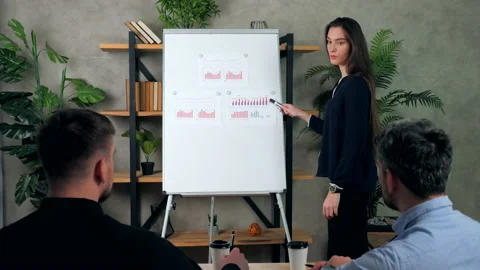 Woman coach points marker diagram on fli... | Stock Video | Pond5