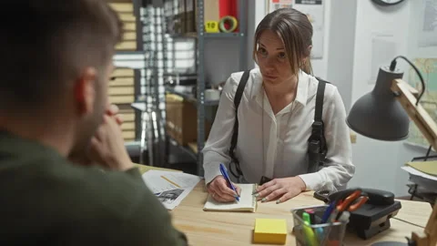 Woman detective interrogates man in clut... | Stock Video | Pond5