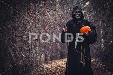 Woman devil ghost demon costume horror and scary she holding pumpkin in ...