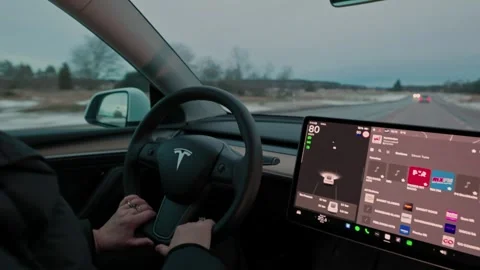 Woman driving Tesla Model Y on snowy hig... | Stock Video | Pond5