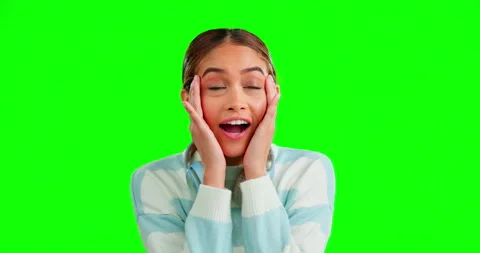 Woman, happy and shock face by green scr... | Stock Video | Pond5