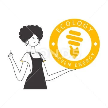 A woman holds a green energy logo in her hand. Lineart trendy style ...