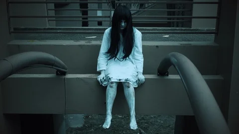 Woman horror scary ghost sitting hanging... | Stock Video | Pond5