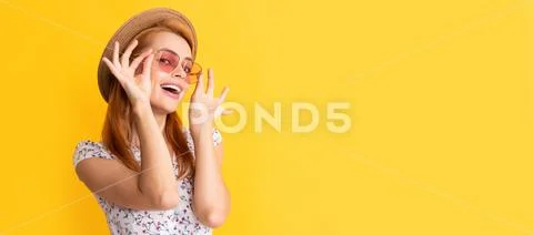 Photograph: Woman isolated face portrait, banner with copy space ...