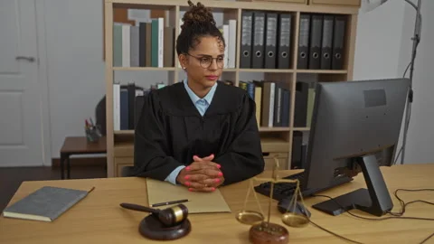 Woman judge in office wearing robe with ... | Stock Video | Pond5