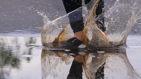 Woman legs jump in puddle, water splash ... | Stock Video | Pond5