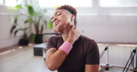 Woman, neck pain and injury with fitness... | Stock Video | Pond5