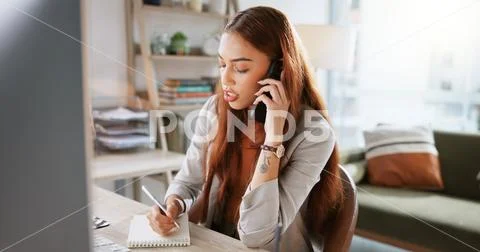 Photograph: Woman, notepad and employee with phone call in office ...