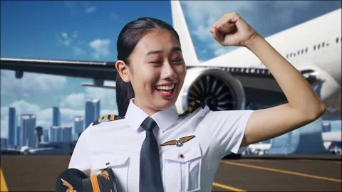 Woman Pilot Flexing Her Bicep In Airfiel... | Stock Video | Pond5