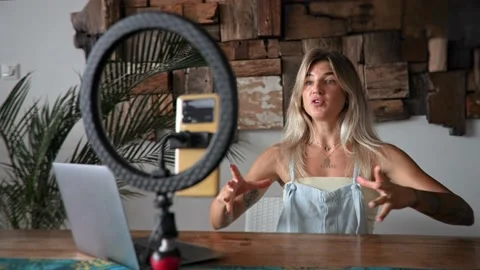 Woman record online live vlog. Influence... | Stock Video | Pond5