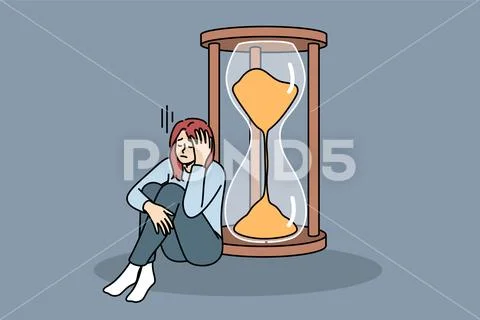 Woman sad about strict deadlines sitting near hourglass, and needs ...
