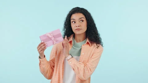 Woman, shake gift box and surprise, birt... | Stock Video | Pond5