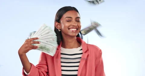 Woman, winner and money rain or fan for ... | Stock Video | Pond5