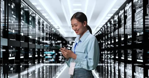 Woman Working In Server Room Database. S... | Stock Video | Pond5